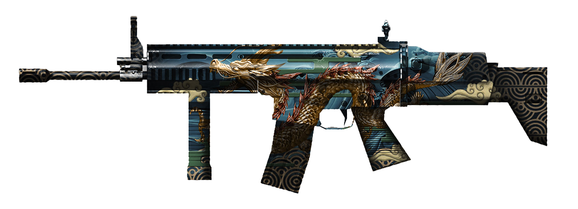 A versatile assault rifle with luminous dragon patterns, making it both ...